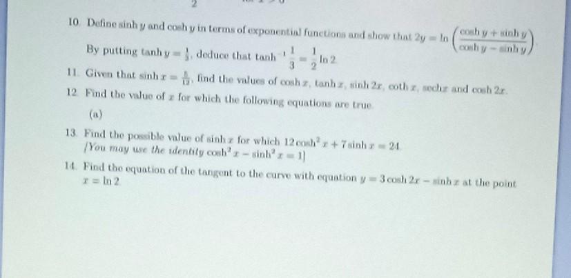 Solved 10. Define sinh y and coeh y in terms of exponential | Chegg.com