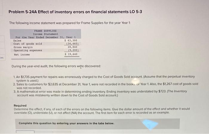Solved Problem 5-24A Effect of inventory errors on financial | Chegg.com