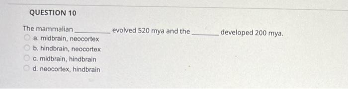 Solved The mammalian evolved 520 mya and the developed 200 | Chegg.com