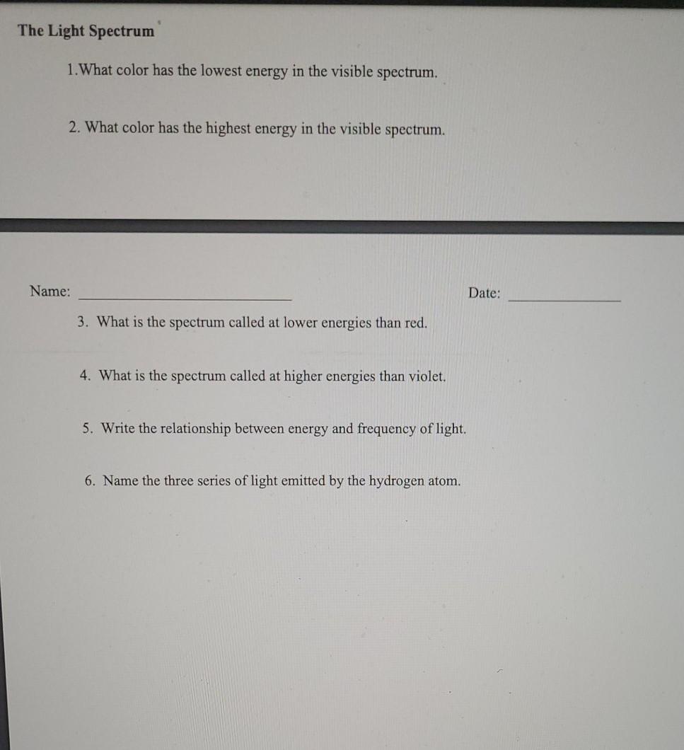 Solved The Light Spectrum 1. What color has the lowest | Chegg.com
