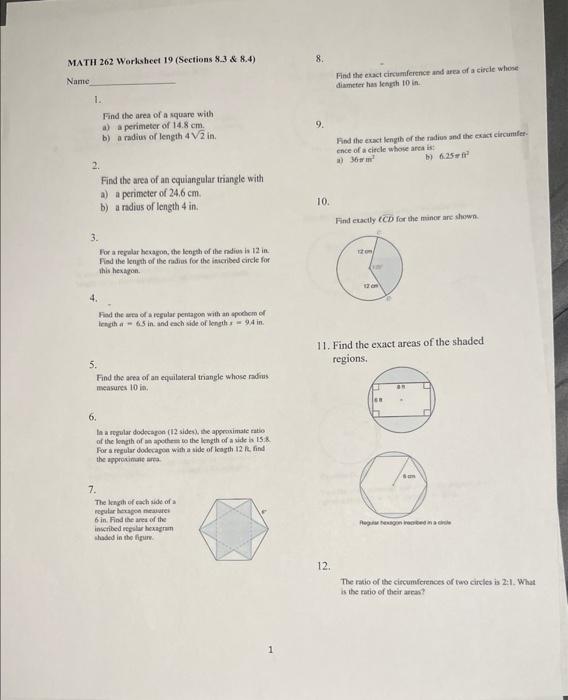 Solved TH 262 Worksheet 19 (Sections 8.3&8.4 ) 8. Find the | Chegg.com