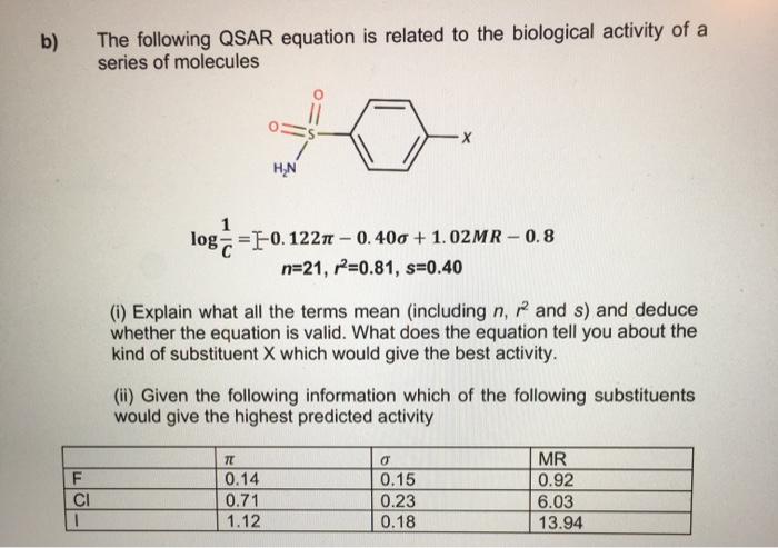 Solved b) The following QSAR equation is related to the | Chegg.com