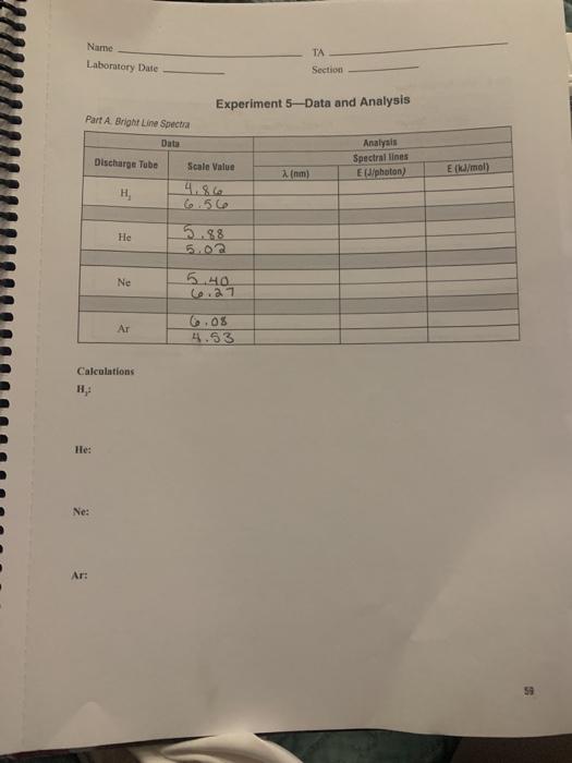 Solved Name Laboratory Date TA Section Experiment 5-Data and | Chegg.com
