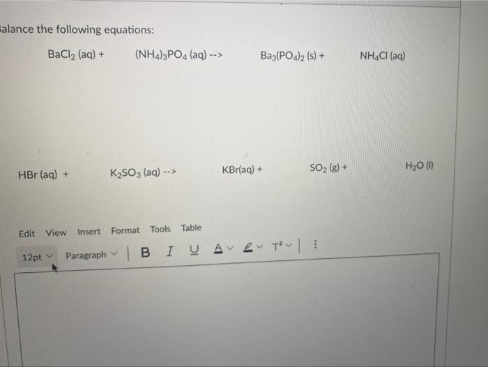 Solved Balance the following equations: BaCl2 (aq) + | Chegg.com