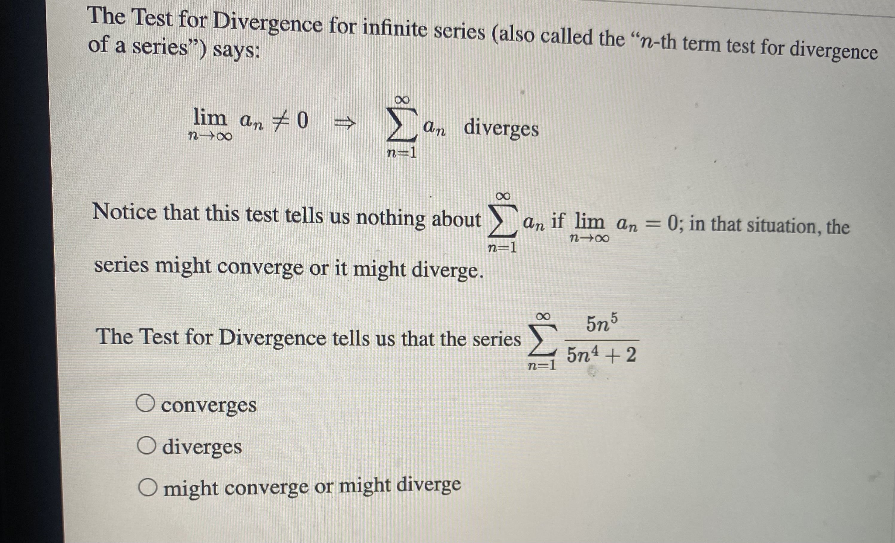 Solved The Test for Divergence for infinite series (also | Chegg.com