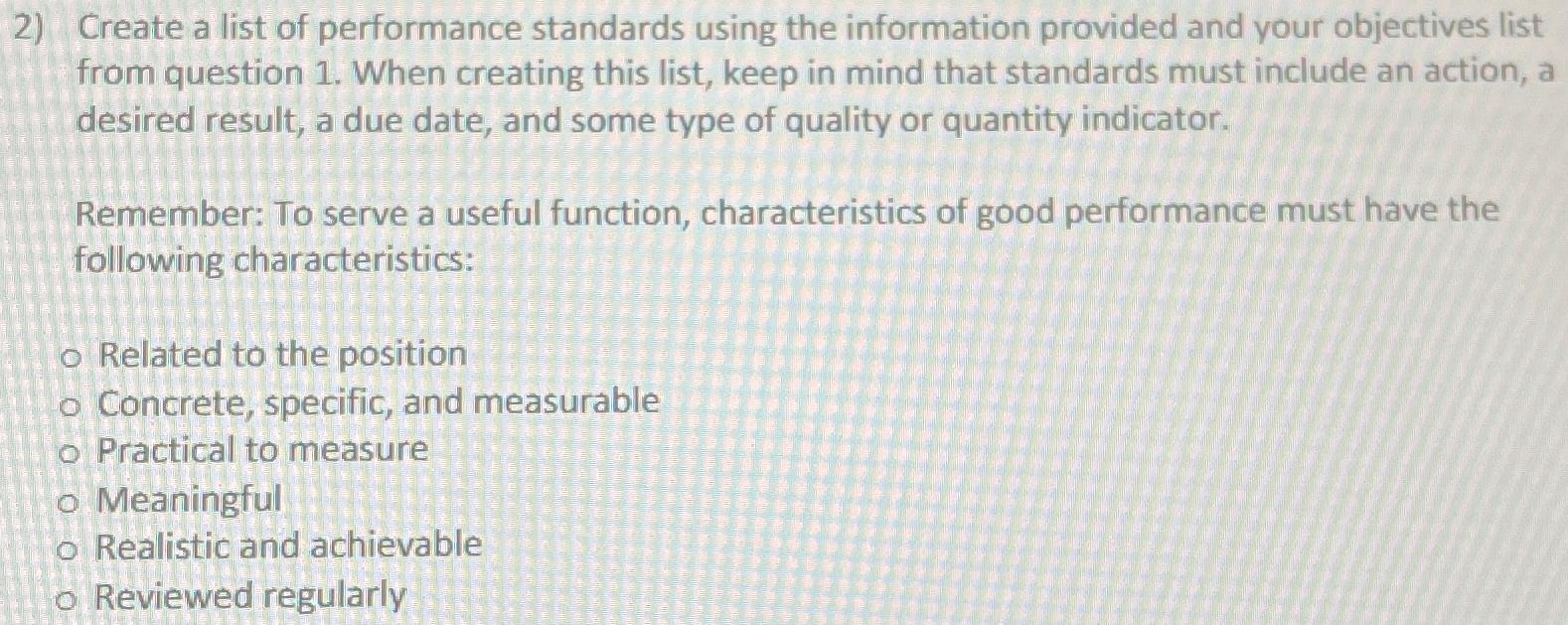 Solved Create a list of performance standards using the | Chegg.com