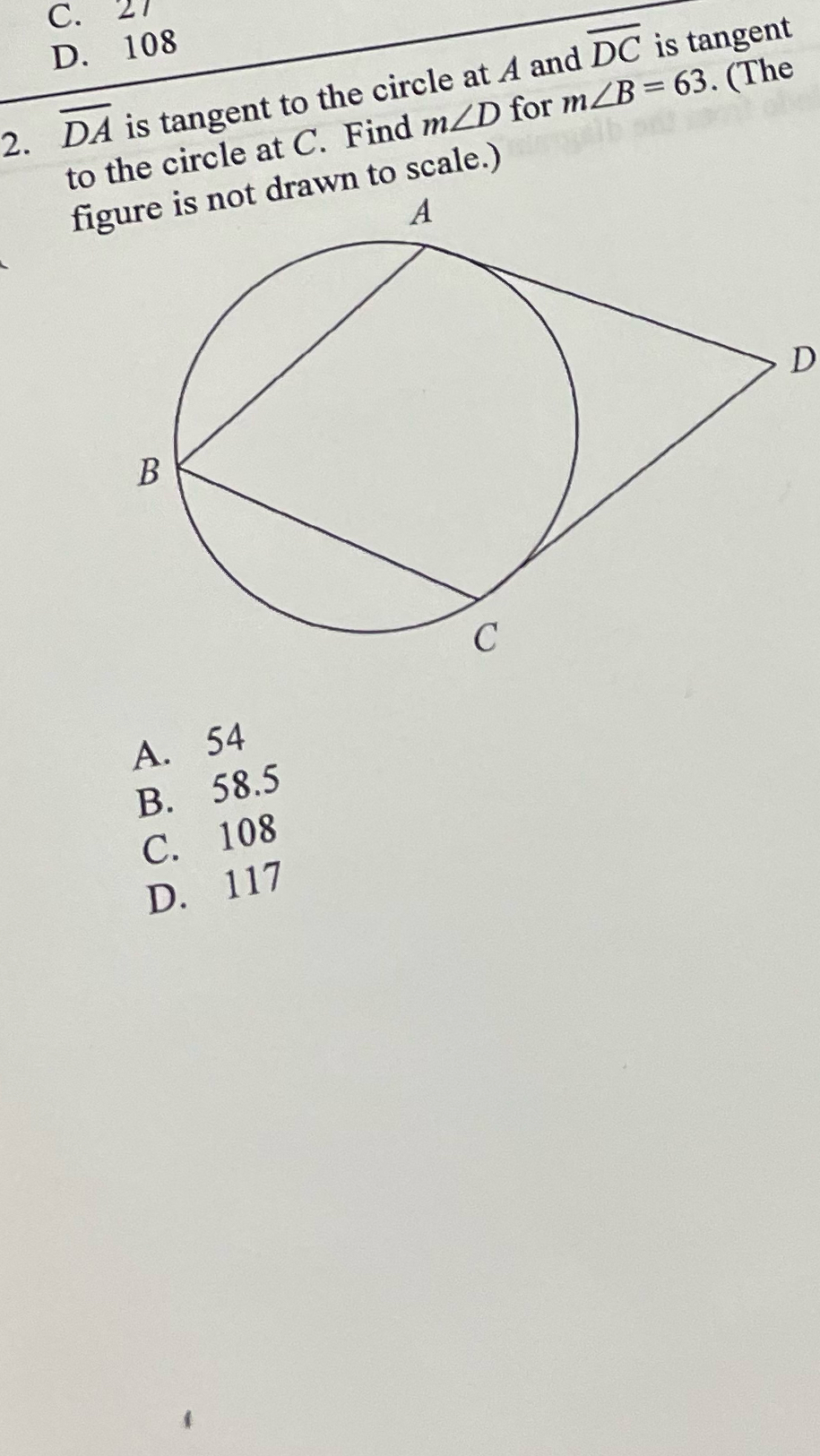 Solved D. 1082. ?bar (DA) ﻿is tangent to the circle at A and | Chegg.com