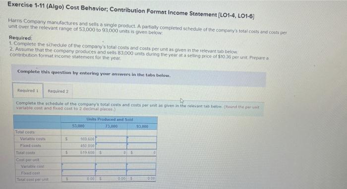Solved Exercise 1-11 (Algo) Cost Behavior; Contribution | Chegg.com
