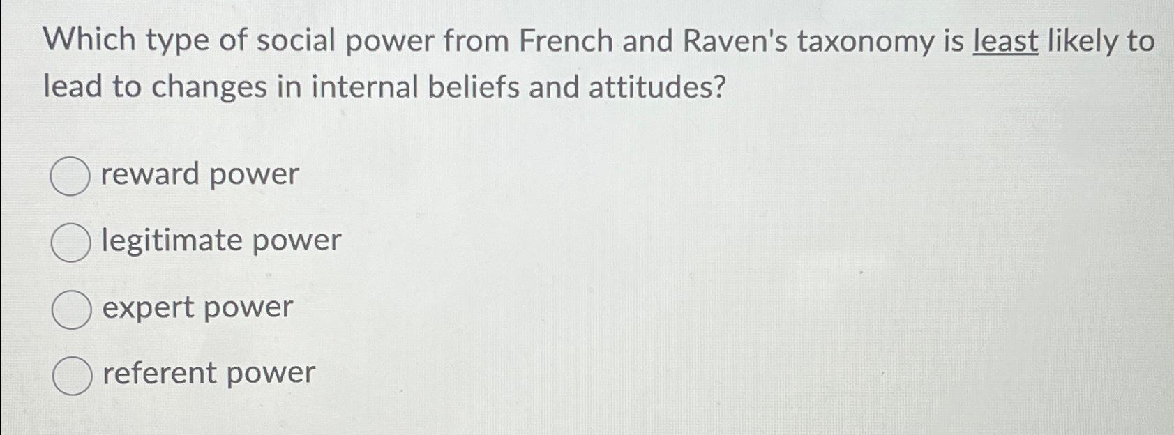 Solved Which type of social power from French and Raven's | Chegg.com