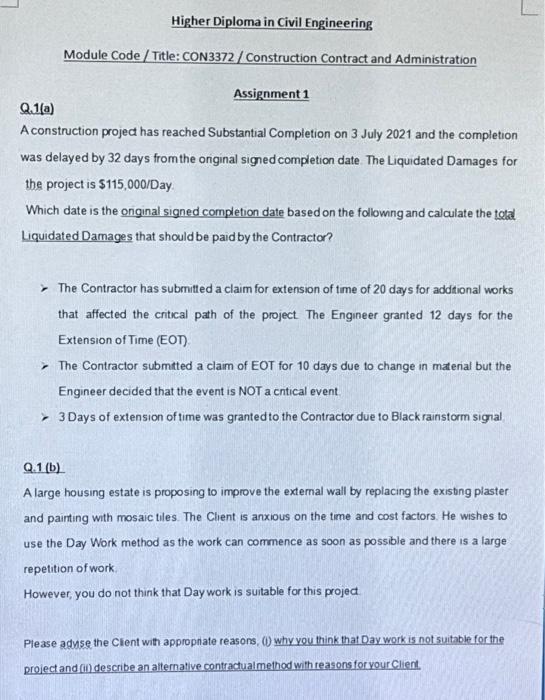 Solved Higher Diploma in Civil Engineering Module Code | Chegg.com