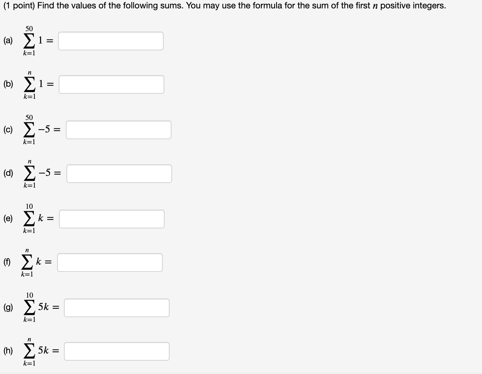 Solved (1 ﻿point) ﻿Find the values of the following sums. | Chegg.com