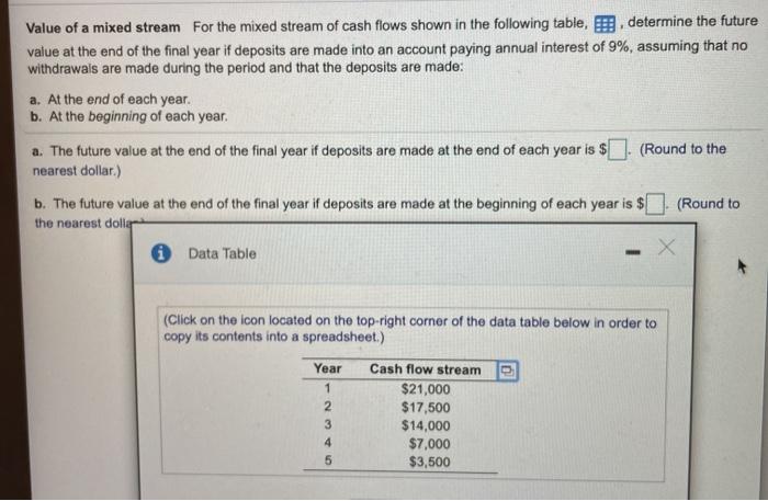 Solved Value of a mixed stream for the mixed stream of cash | Chegg.com