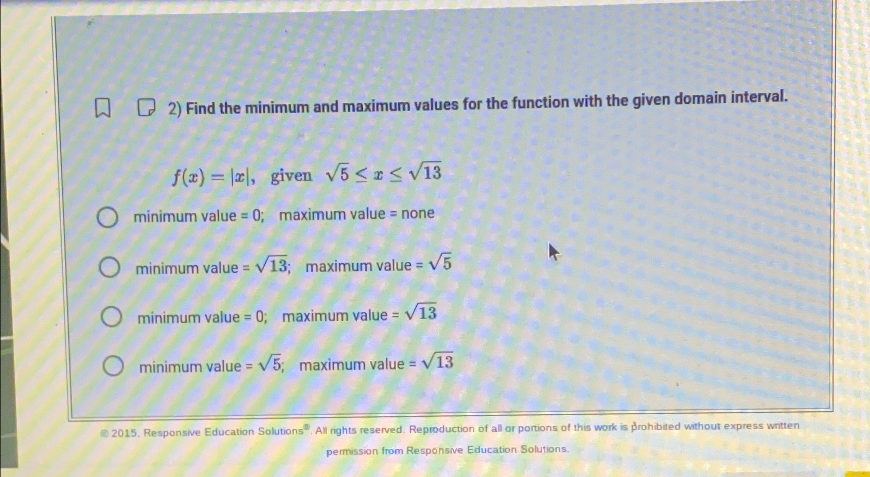 Solved Find the minimum and maximum values for the function | Chegg.com