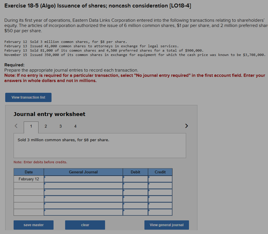 Exercise 18-5 (Algo) ﻿Issuance of shares; noncash | Chegg.com
