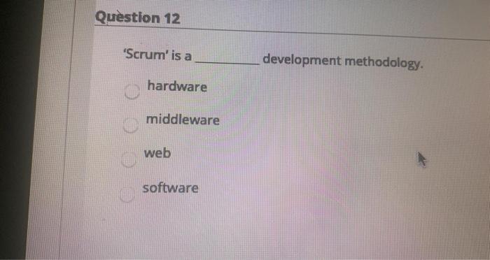 Solved Question 12 'Scrum' is a development methodology. | Chegg.com