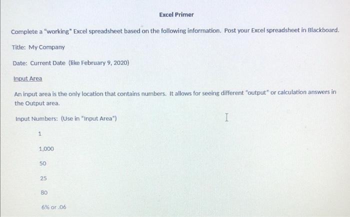 Solved Excel Primer Complete a "working" Excel spreadsheet | Chegg.com