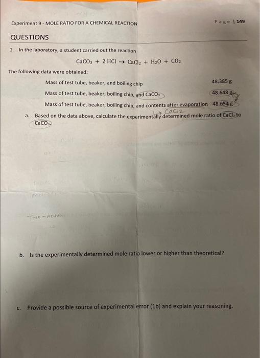Solved Experiment 9 - MOLE RATIO FOR A CHEMICAL REACTION | Chegg.com