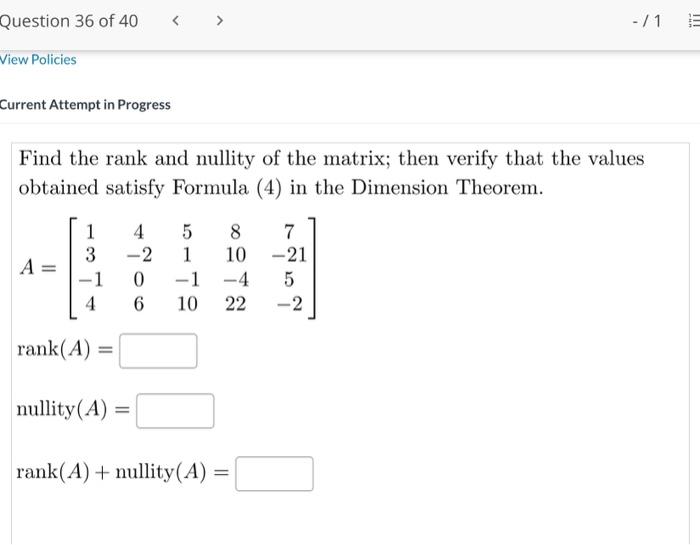 Solved Find the rank and nullity of the matrix; then verify | Chegg.com