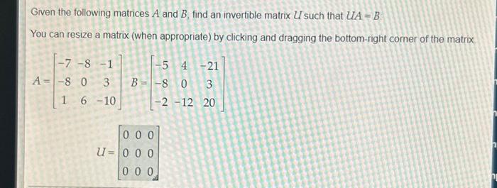 Solved Given the following matrices A and B, find an | Chegg.com