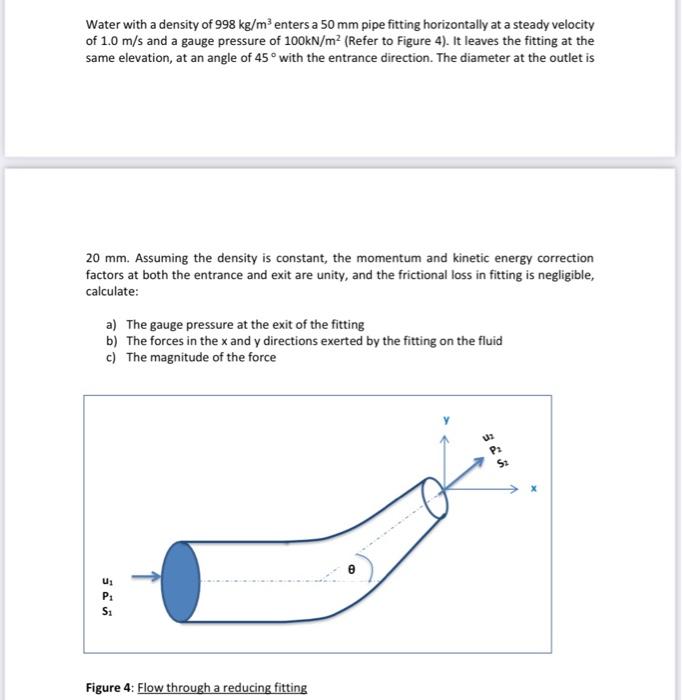 Solved Water with a density of 998 kg/m3 enters a 50 mm pipe | Chegg.com