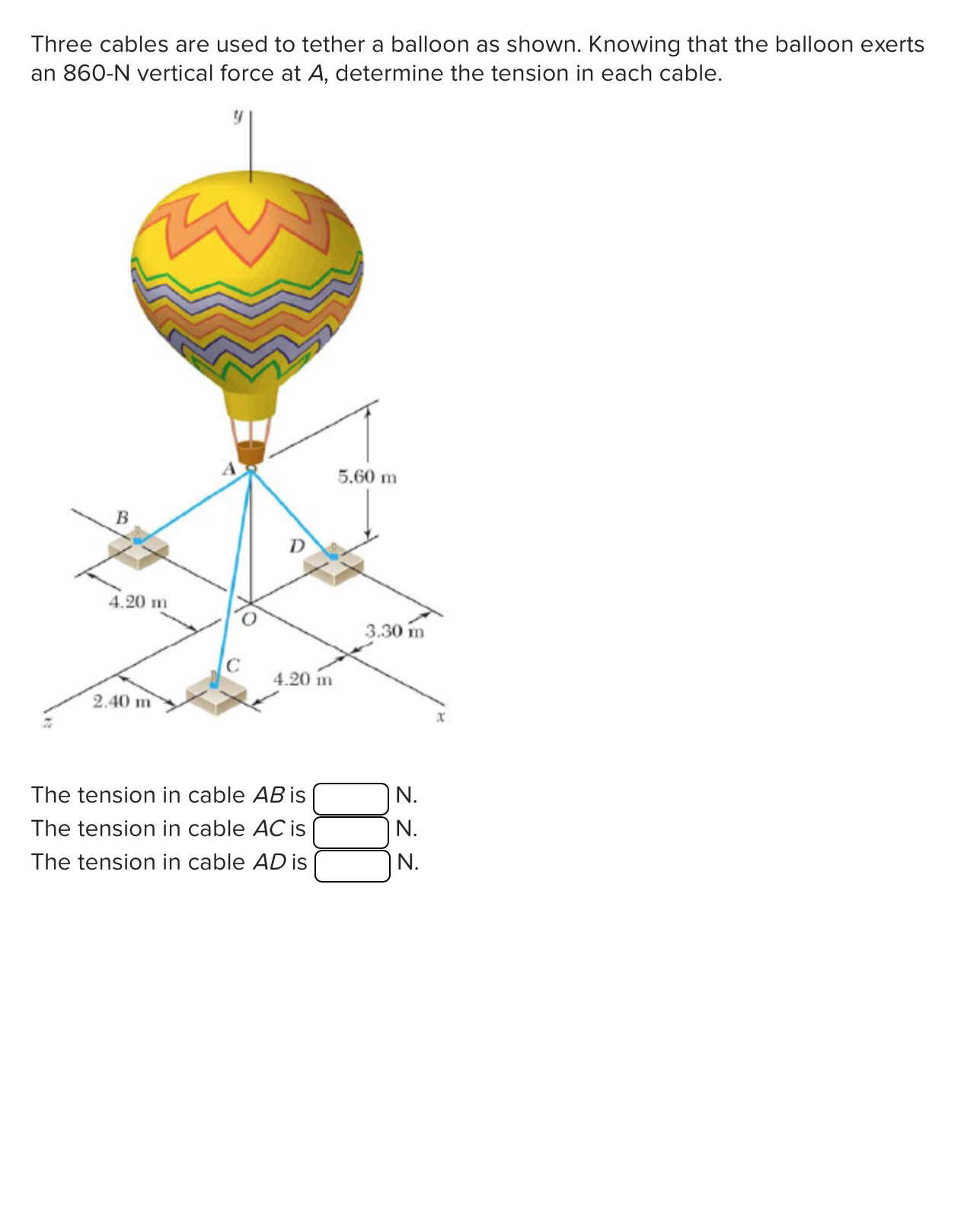Three cables are used to tether a balloon as shown. | Chegg.com