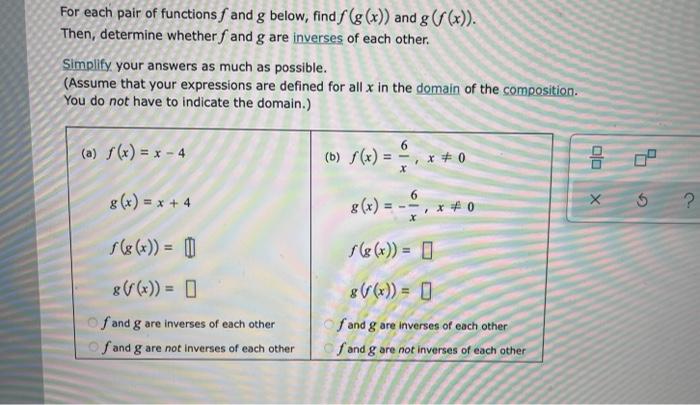 Solved For each pair of functions f and g below, find | Chegg.com