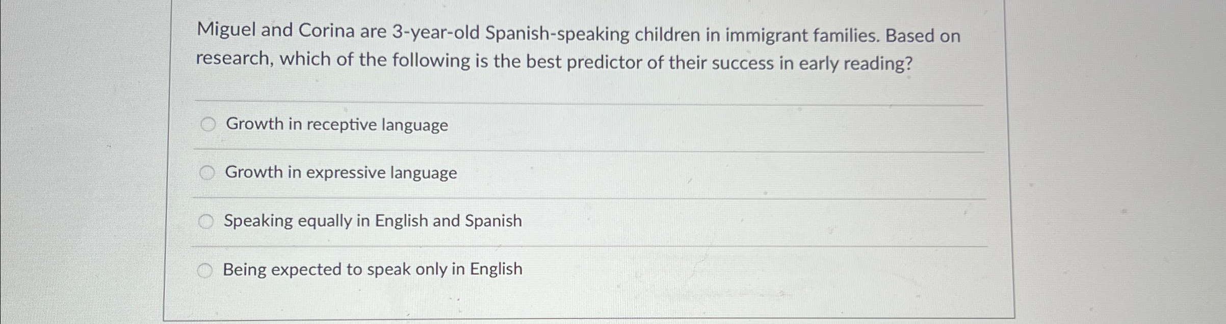 Solved Miguel and Corina are 3-year-old Spanish-speaking | Chegg.com