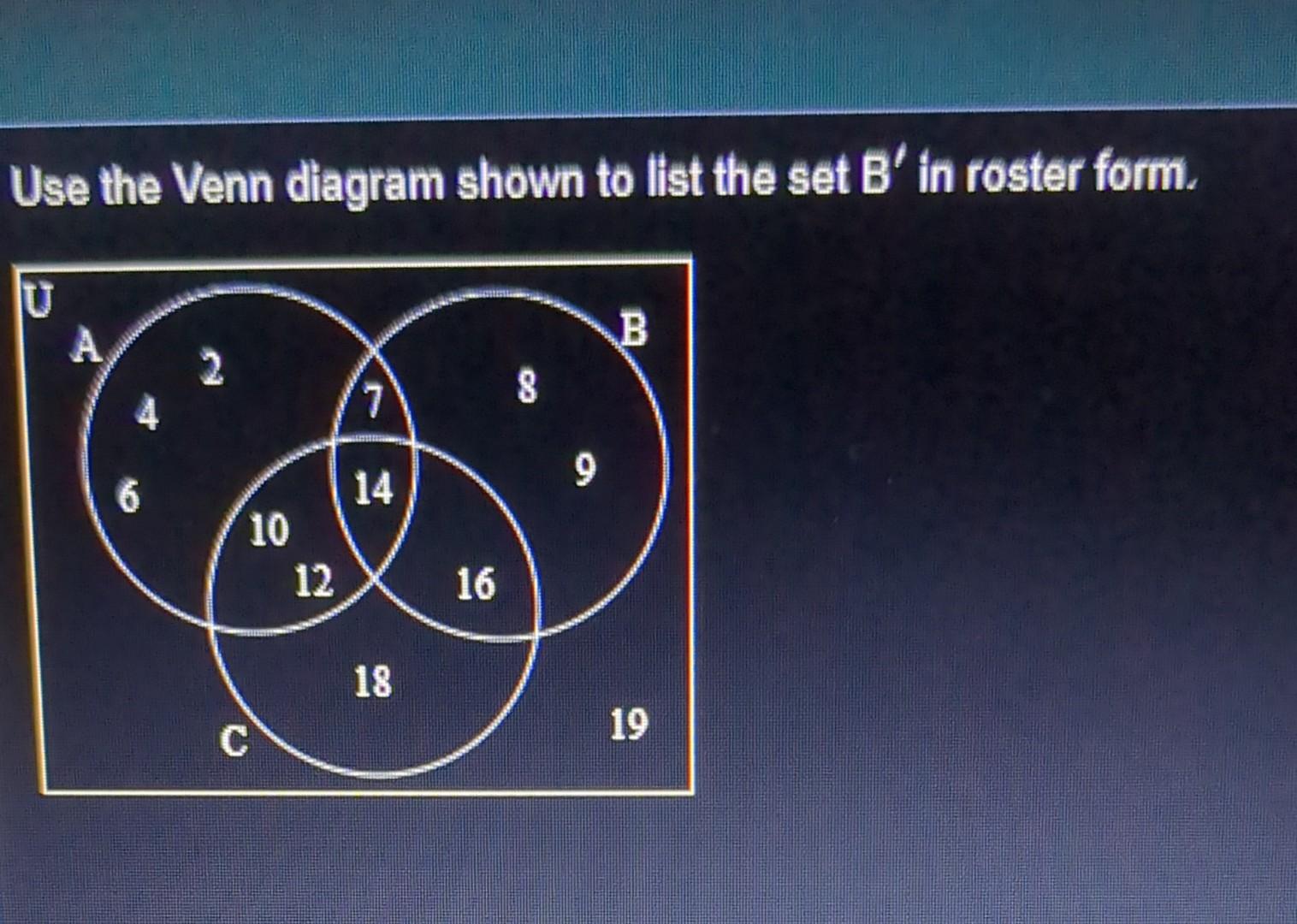 Solved Use the Venn diagram shown to list the set B′ in | Chegg.com