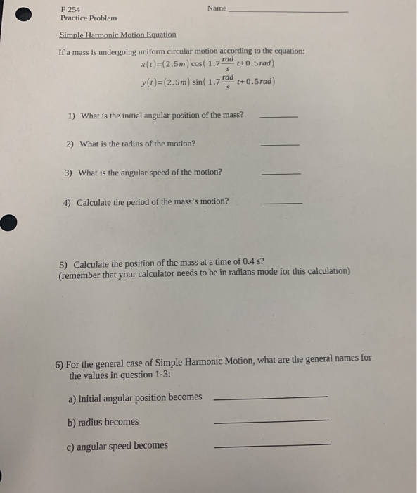 Solved Name P 254 Practice Problem Simple Harmonic Motion | Chegg.com