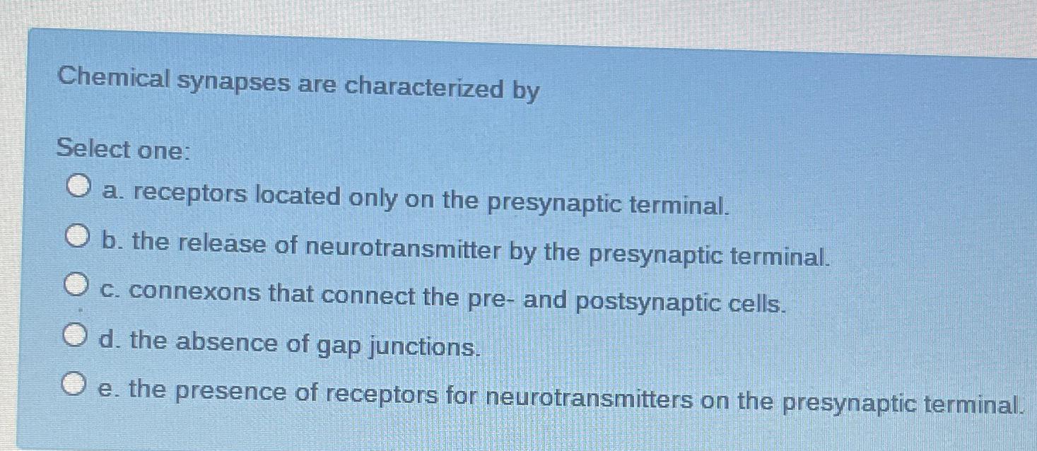 Solved Chemical synapses are characterized bySelect one:a. | Chegg.com