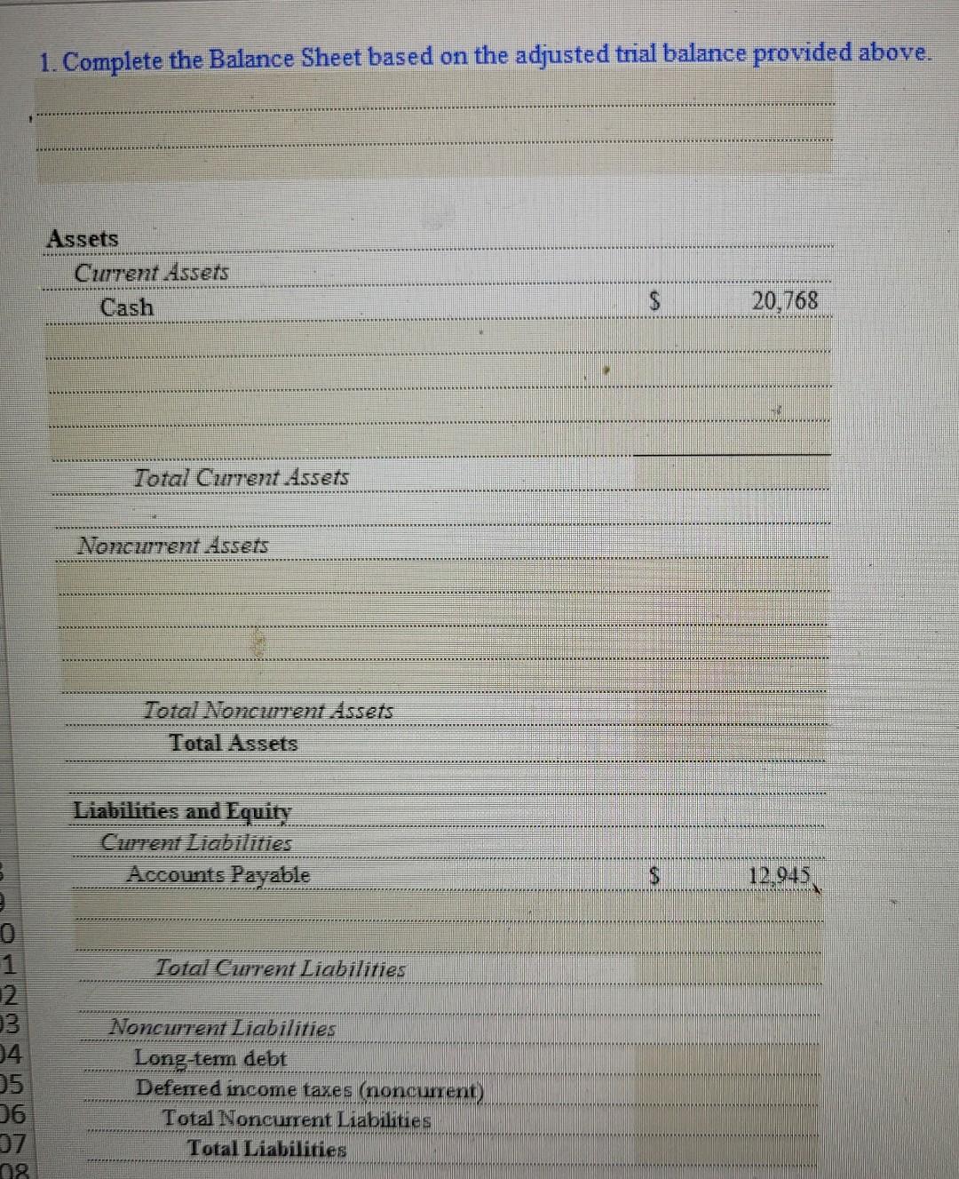 Solved 1. Complete the Balance Sheet based on the adjusted | Chegg.com