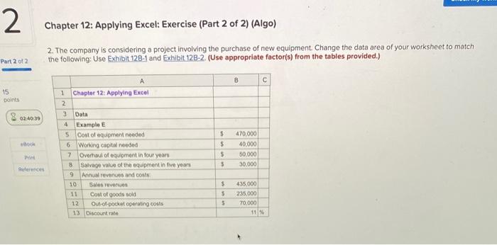 Chapter 12: Applying Excel: Exercise (Part 2 of 2) | Chegg.com