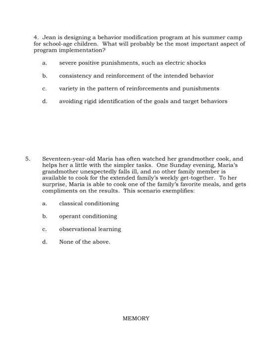 Solved 5. 4. Jean is designing a behavior modification | Chegg.com