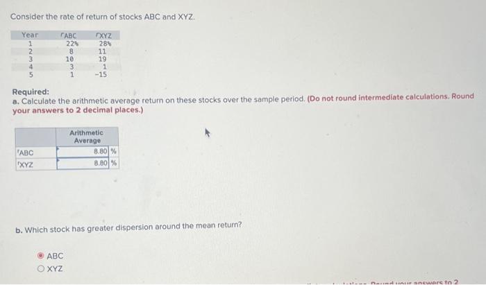 Solved Consider the rate of return of stocks ABC and XYZ. | Chegg.com