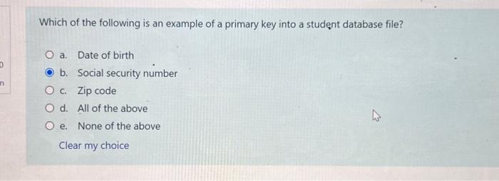 Solved Which of the following is an example of a primary key | Chegg.com