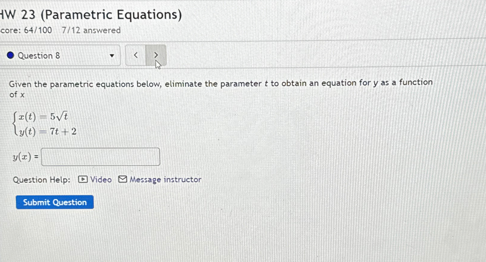 Solved IW 23 (Parametric Equations)core: 64100712 | Chegg.com | Chegg.com