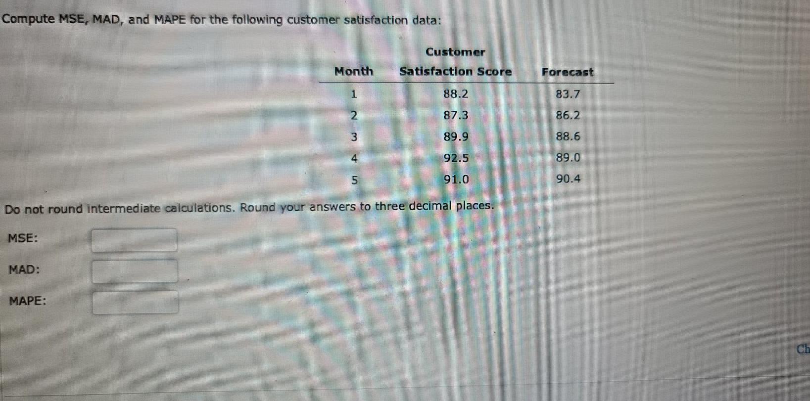 Solved Compute MSE, MAD, and MAPE for the following customer | Chegg.com