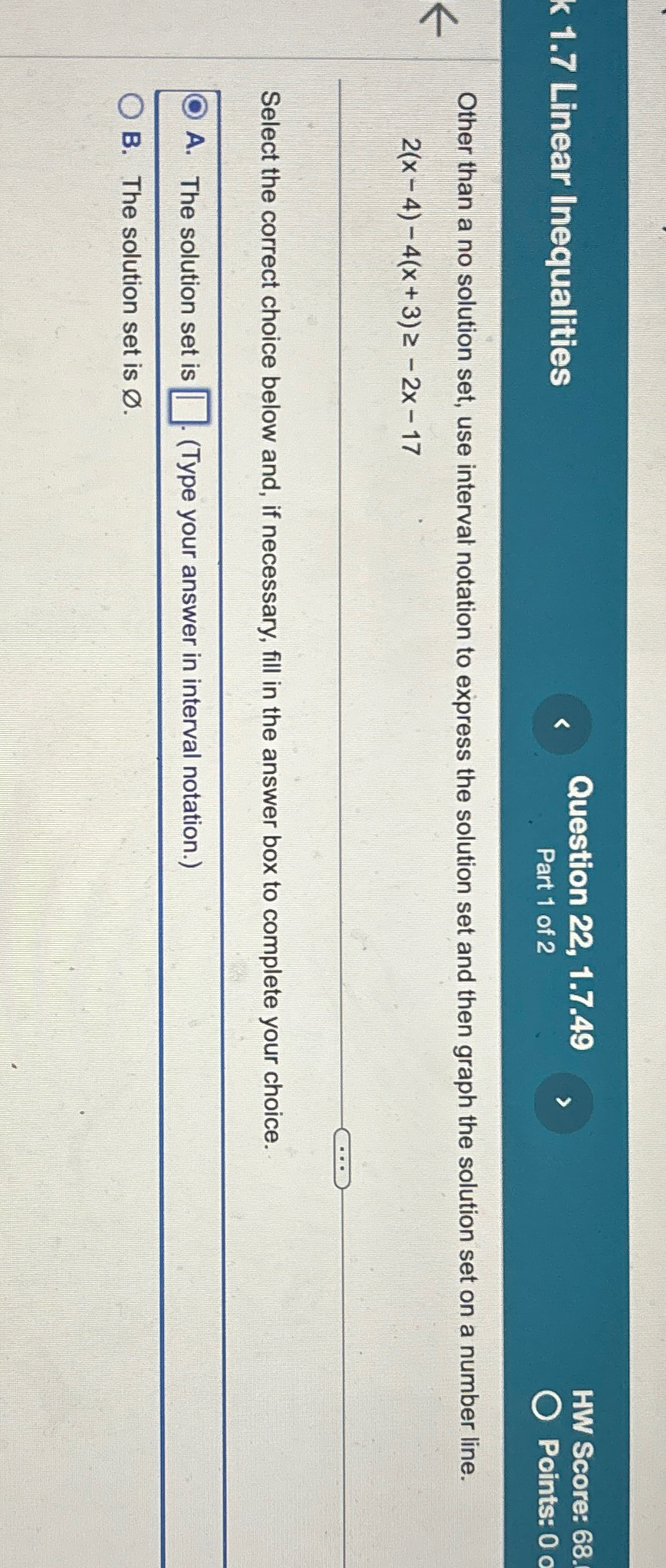 Solved 1.7 ﻿Linear InequalitiesQuestion 22, 1.7.49HW Score: | Chegg.com