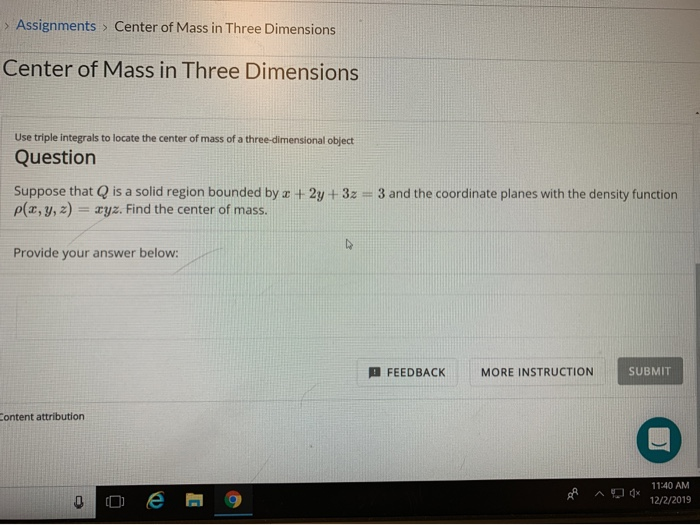 Solved Use triple integrals to locate the center of mass of | Chegg.com