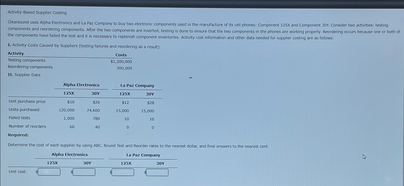 Solved Activity-Based Supplier Costing the components have | Chegg.com