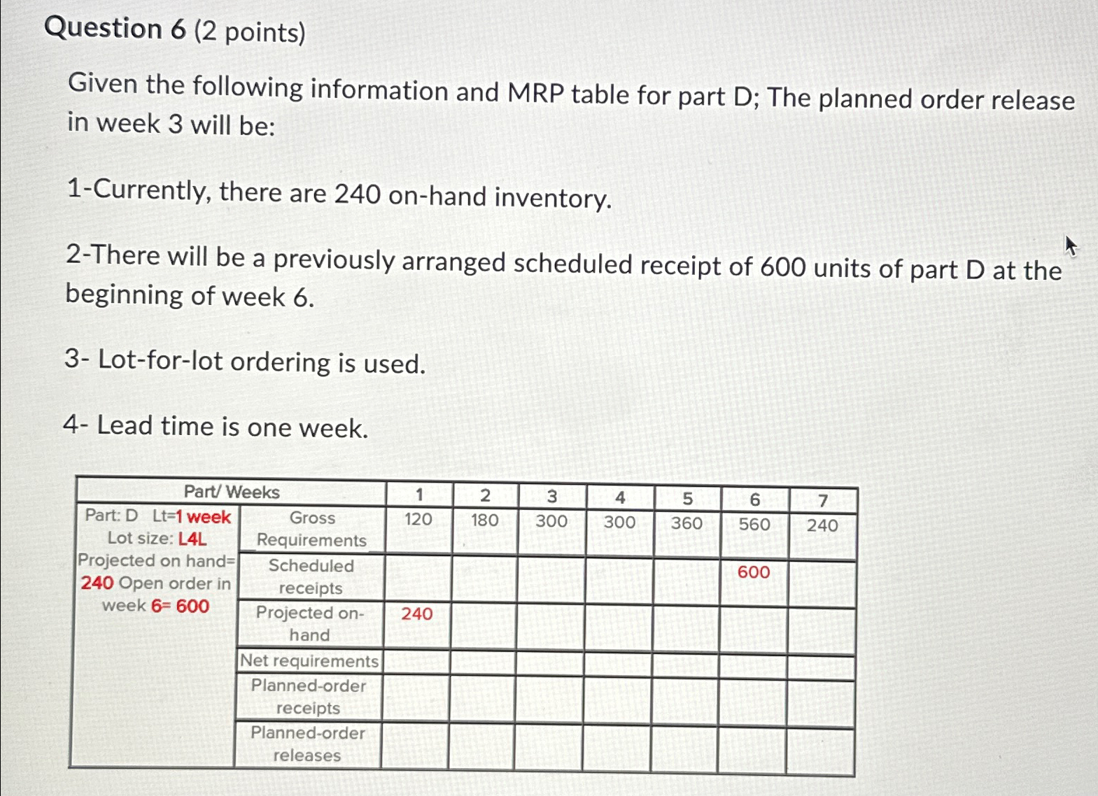 Solved Question 6 (2 ﻿points)Given the following information | Chegg.com