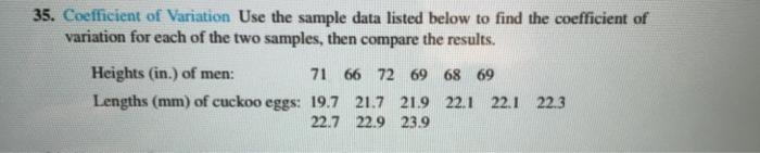 Solved 35. Coefficient of Variation Use the sample data | Chegg.com