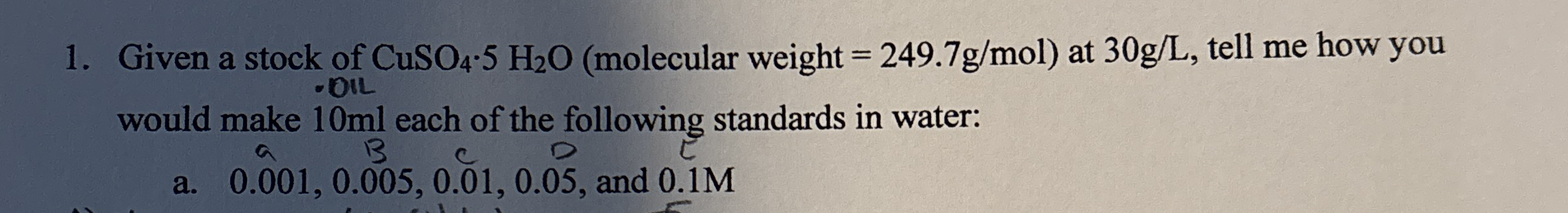 Solved Given a stock of CuSO4*5H2O (molecular weight | Chegg.com