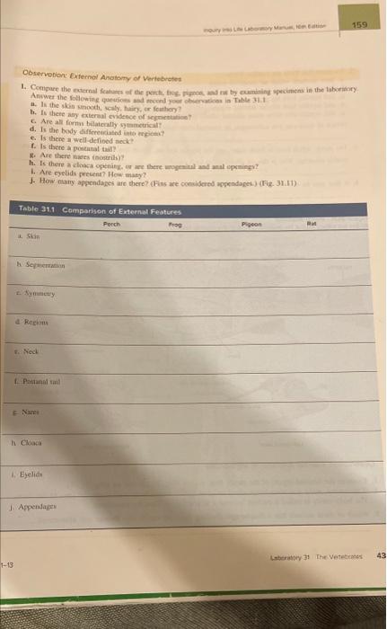 159 Observation External Anatomy of Vertebrates | Chegg.com