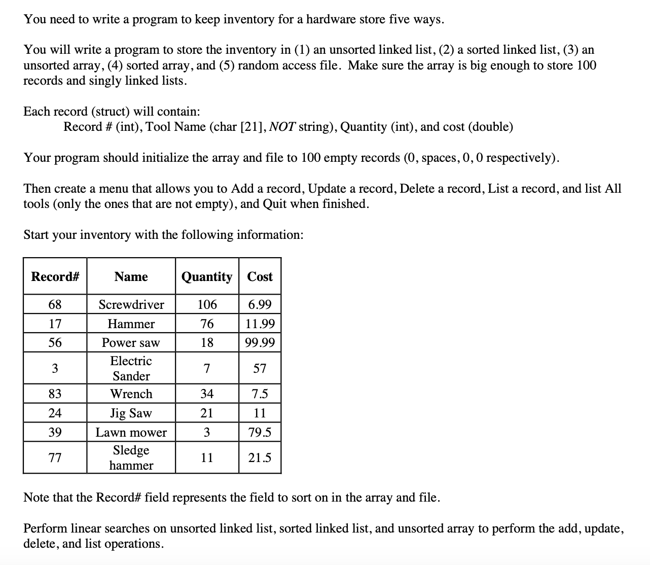 Solved You need to write a program to keep inventory for a | Chegg.com