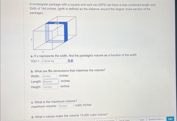 Solved A rectangular package with a square end sent via USPS | Chegg.com