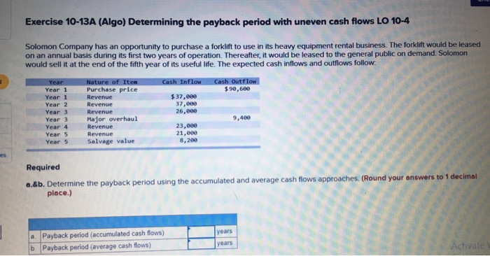 Solved Exercise 10-13A (Algo) Determining the payback period | Chegg.com