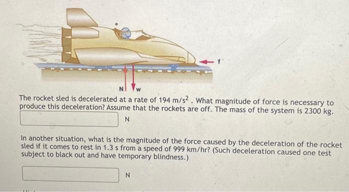 Solved The rocket sled is decelerated at a rate of 194 m/s2. | Chegg.com