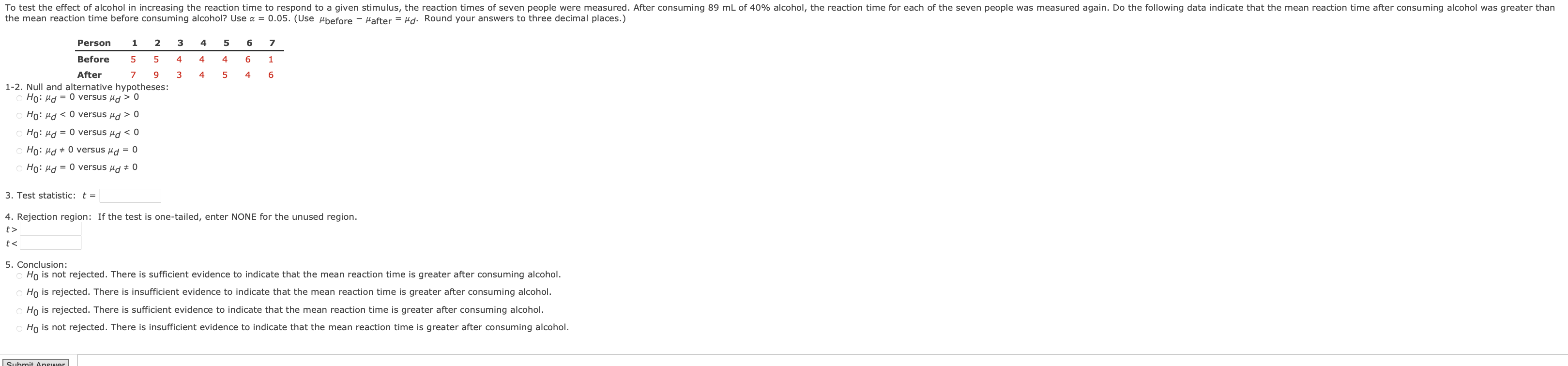 Solved the mean reaction time before consuming alcohol? Use | Chegg.com