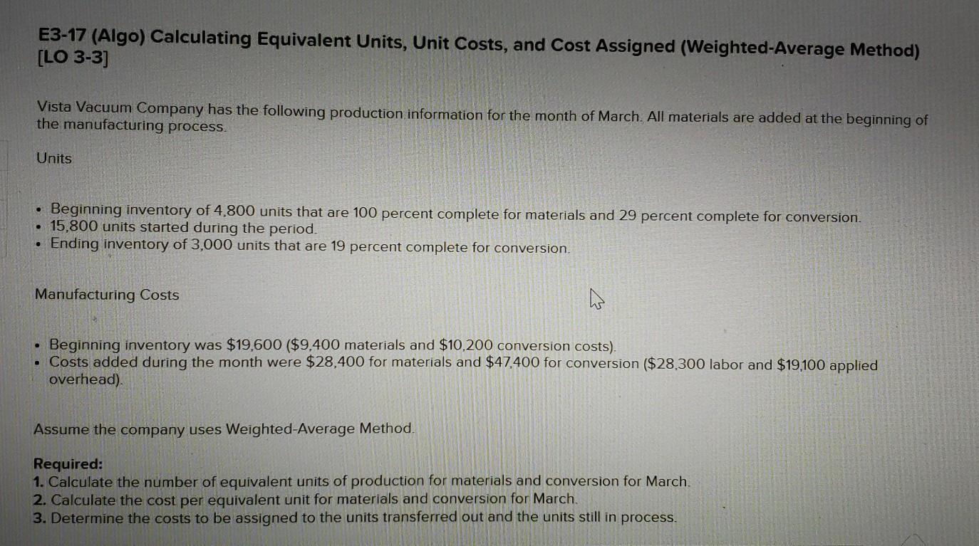 Solved E3-17 (Algo) Calculating Equivalent Units, Unit | Chegg.com